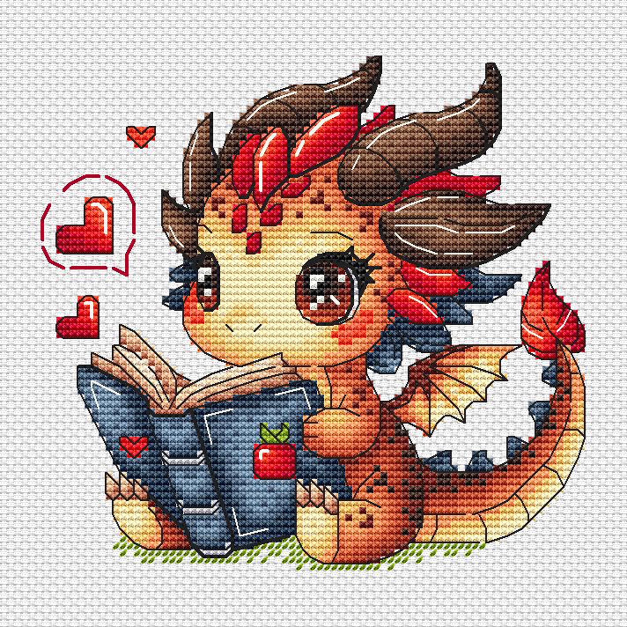 Dragon Cross Stitch Pattern, Cute Dragon With Books Cross Stitch ...