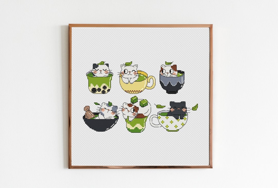 Cats Cross Stitch Pattern PDF, Matcha Cats in Cup Cross Stitch, Kitchen ...