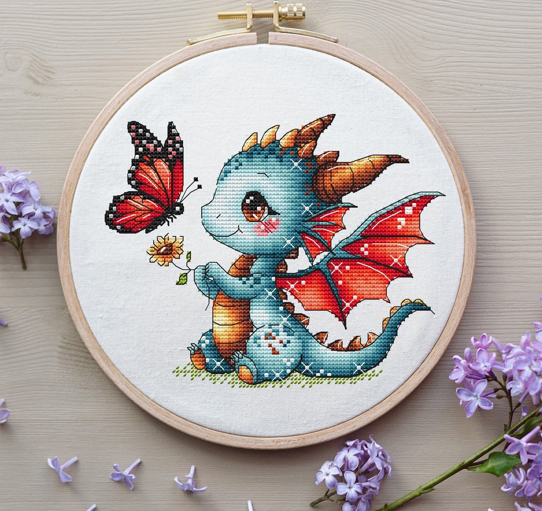 Dragon Cross Stitch Pattern, Dragon With Butterfly Cross Stitch ...