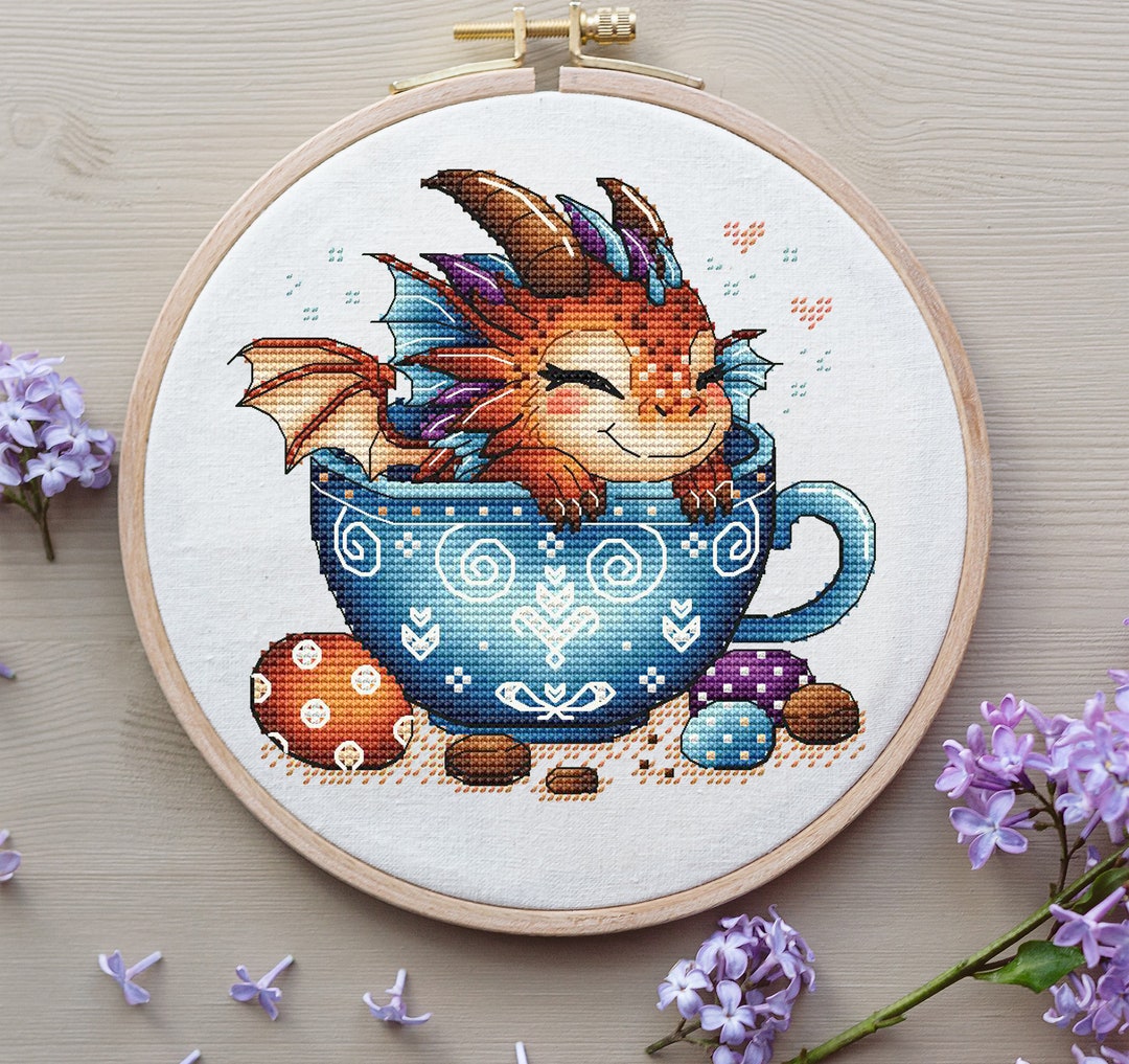 Dragon Cross Stitch Pattern, Dragon in a Cup Cross Stitch, Fantasy ...