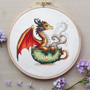Dragon Cross Stitch Pattern, Gold Dragon in a Cup Cross Stitch, Fantasy ...