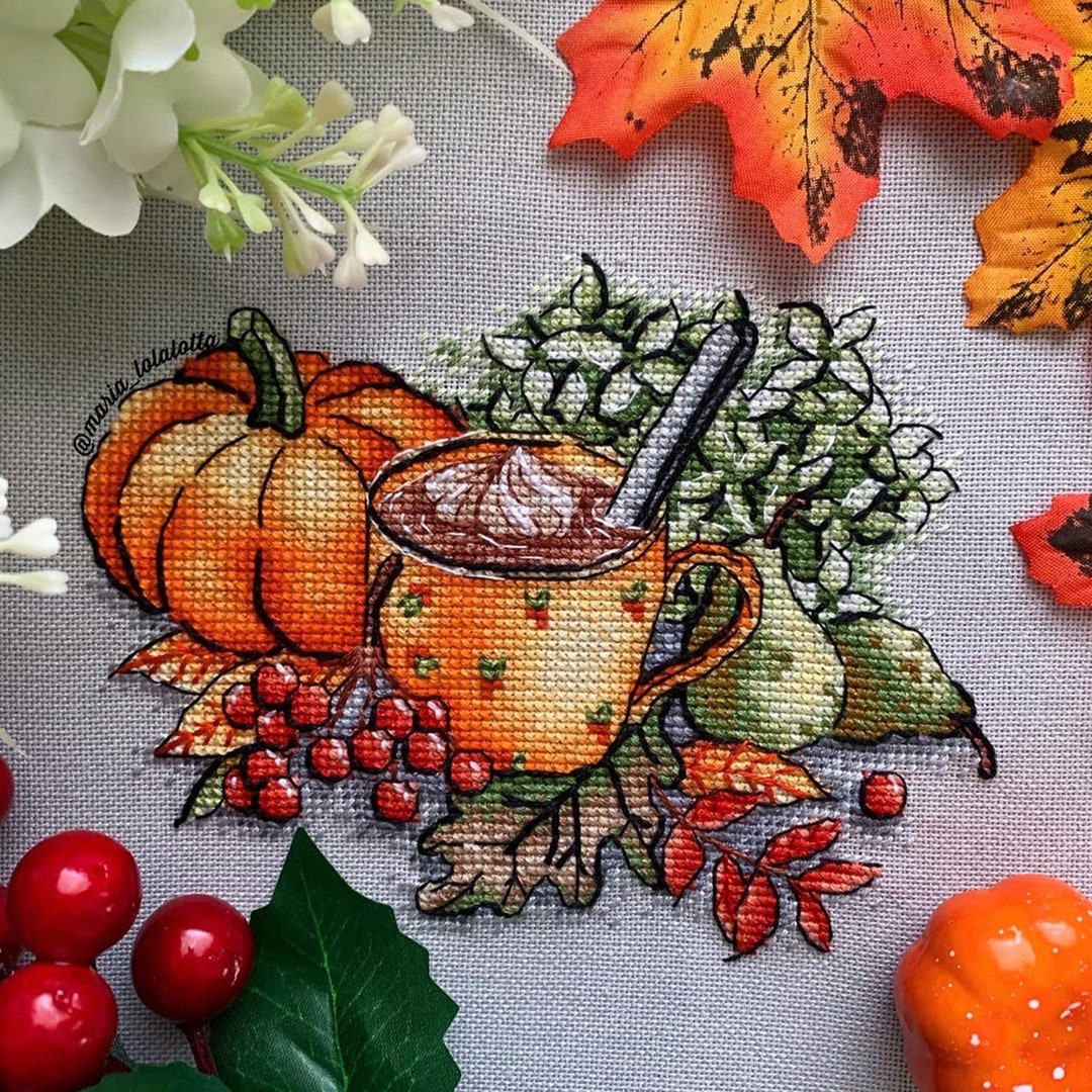 Cup Cross Stitch Pattern PDF, Pumpkin Counted Cross Stitch, Autumn ...