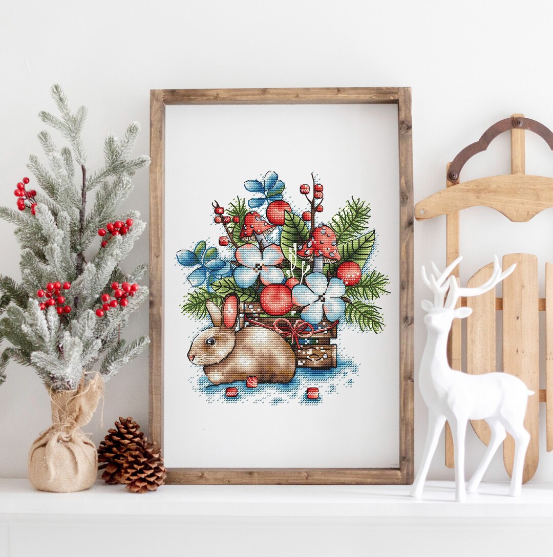 New Years Rabbit Cross Stitch Pattern PDF, Winter Rabbit Counted Cross ...