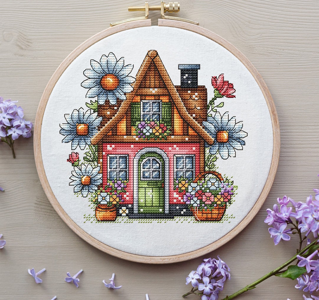 House Cross Stitch Pattern Digital Download, Daisies Flowers House ...