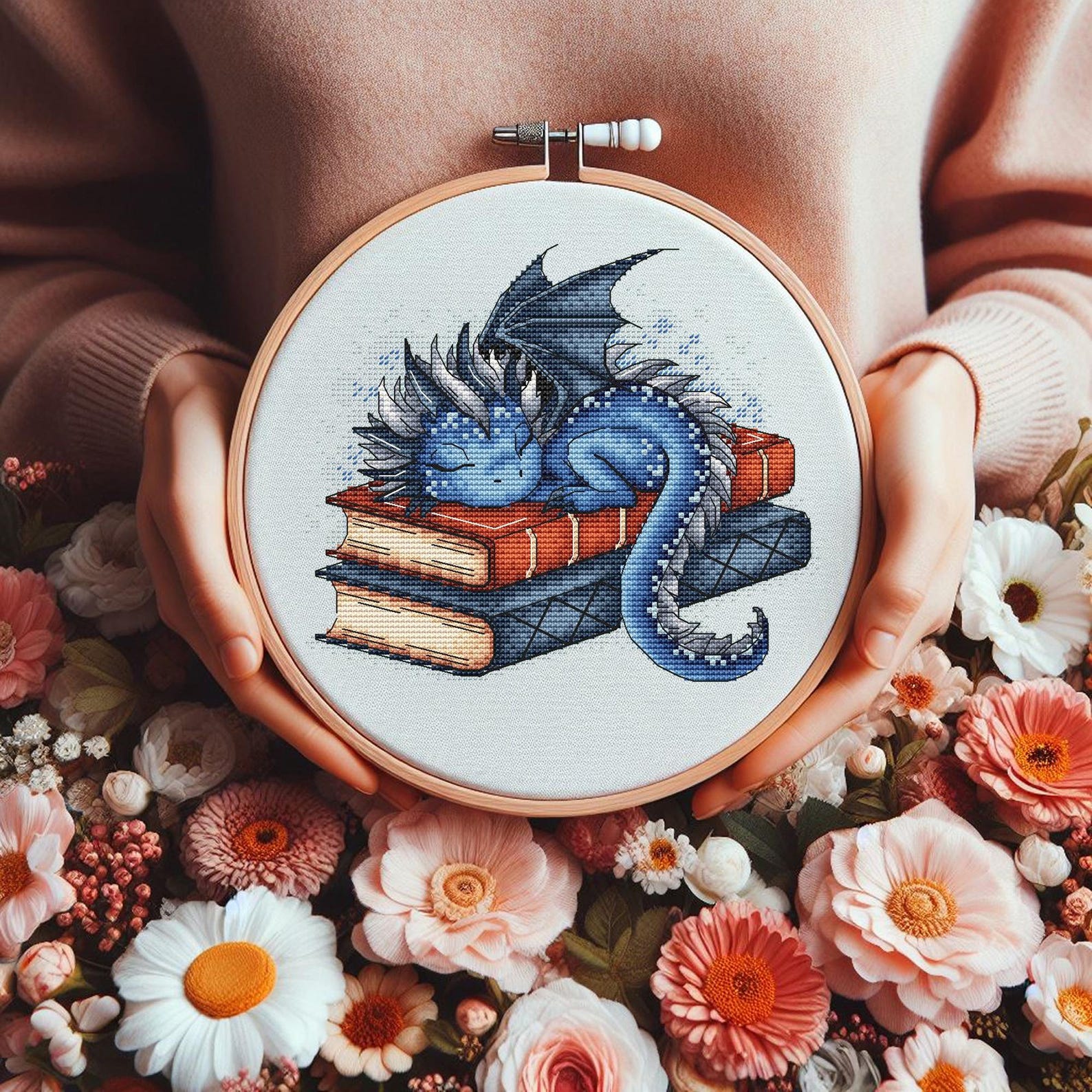 Dragon Cross Stitch Pattern, Sleeping Dragon on Book Cross Stitch, Blue ...