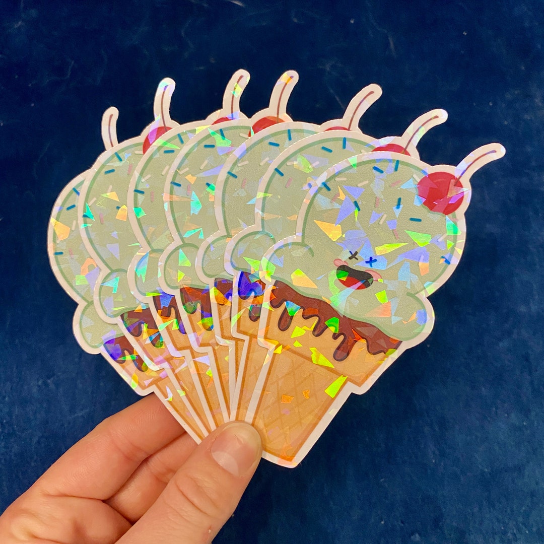 Ice Cream Cone Sticker - Cute, Happy, Mint Green Ice Cream Cone ...