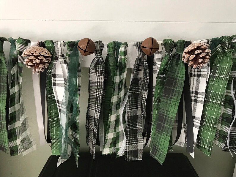 Green Black White Pine Cone Rustic Bell Rag Tie Ribbon Banner - Etsy