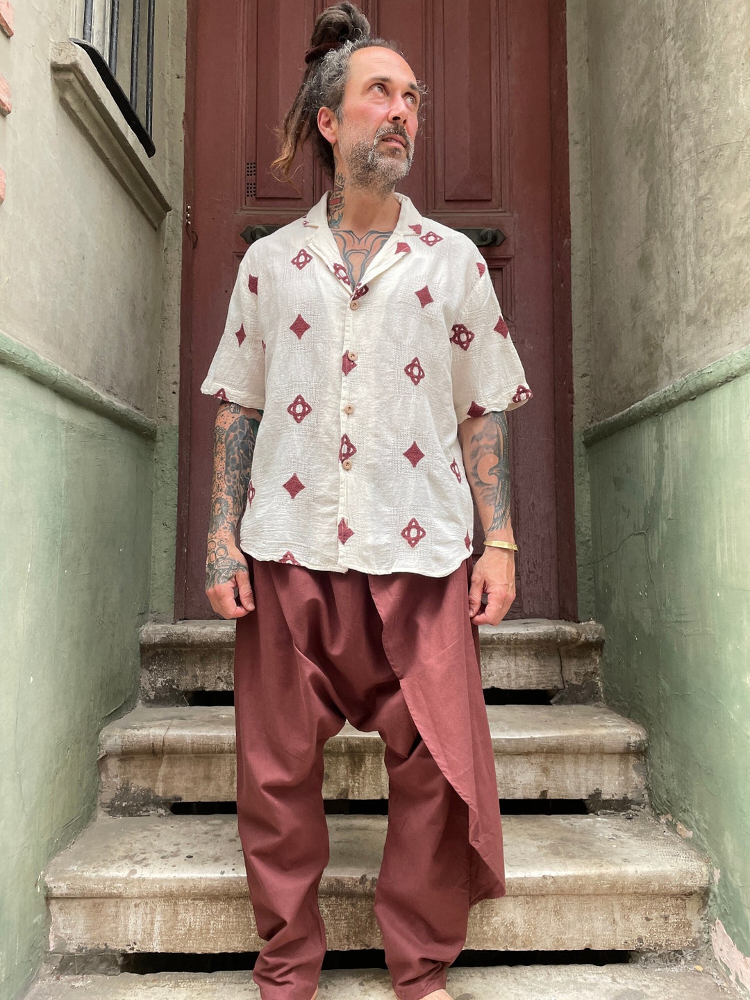 Mens Boho Clothing Handmade Boho Shirt Sage Green Boho T-shirt Raw Edge ...