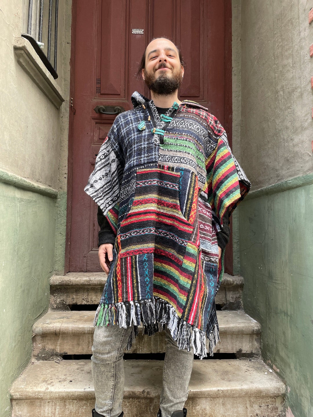 Winter Mens Poncho, Poncho Men, Handmade Poncho, Hippy Baja Outdoor ...