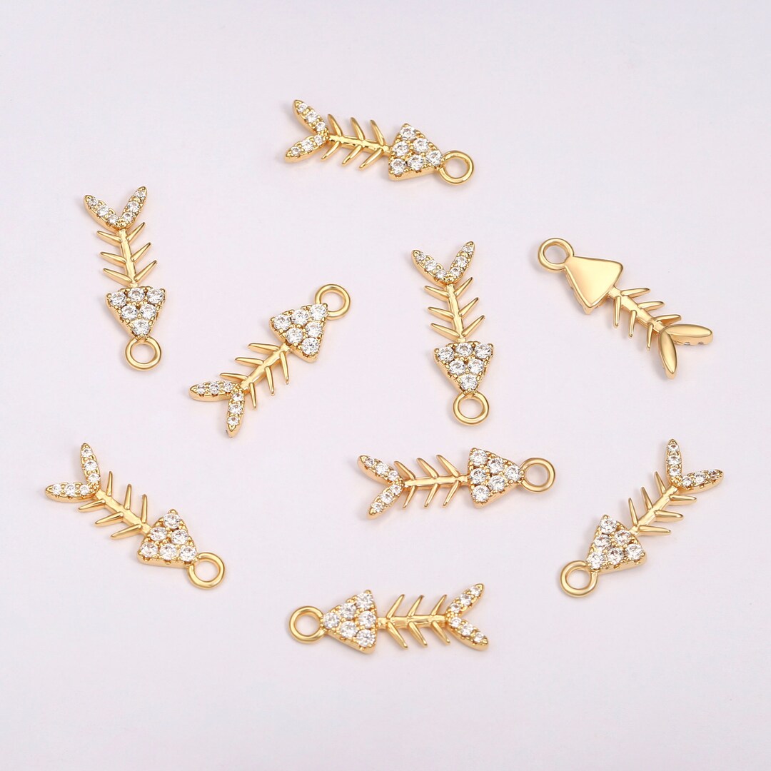4pcs 18k Gold Plated Fish Bone Charm,skeleton Fish Charms,cz Micro Pave ...