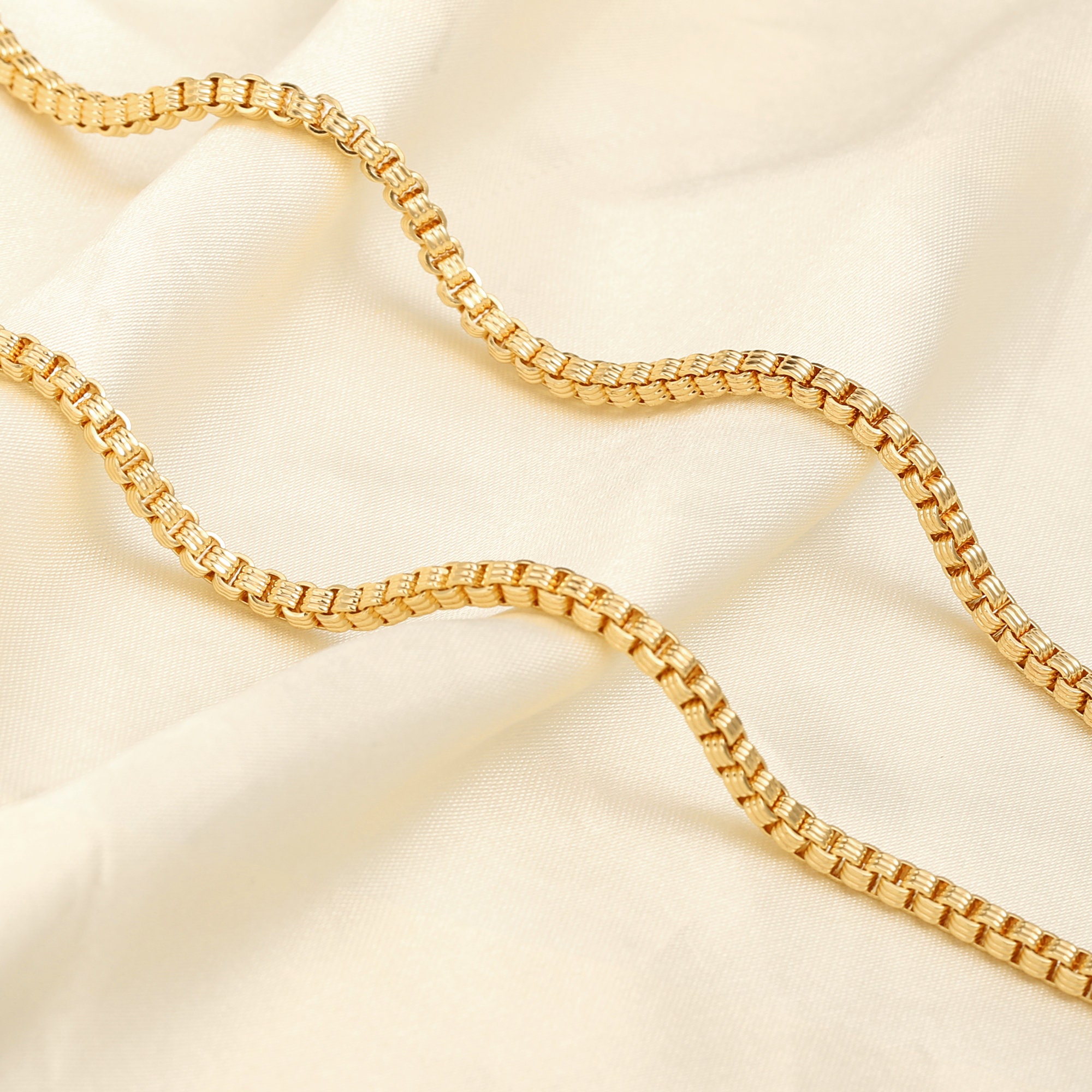 18k Gold Box Chain Necklace Texture Box Chain Necklace2mm | Etsy