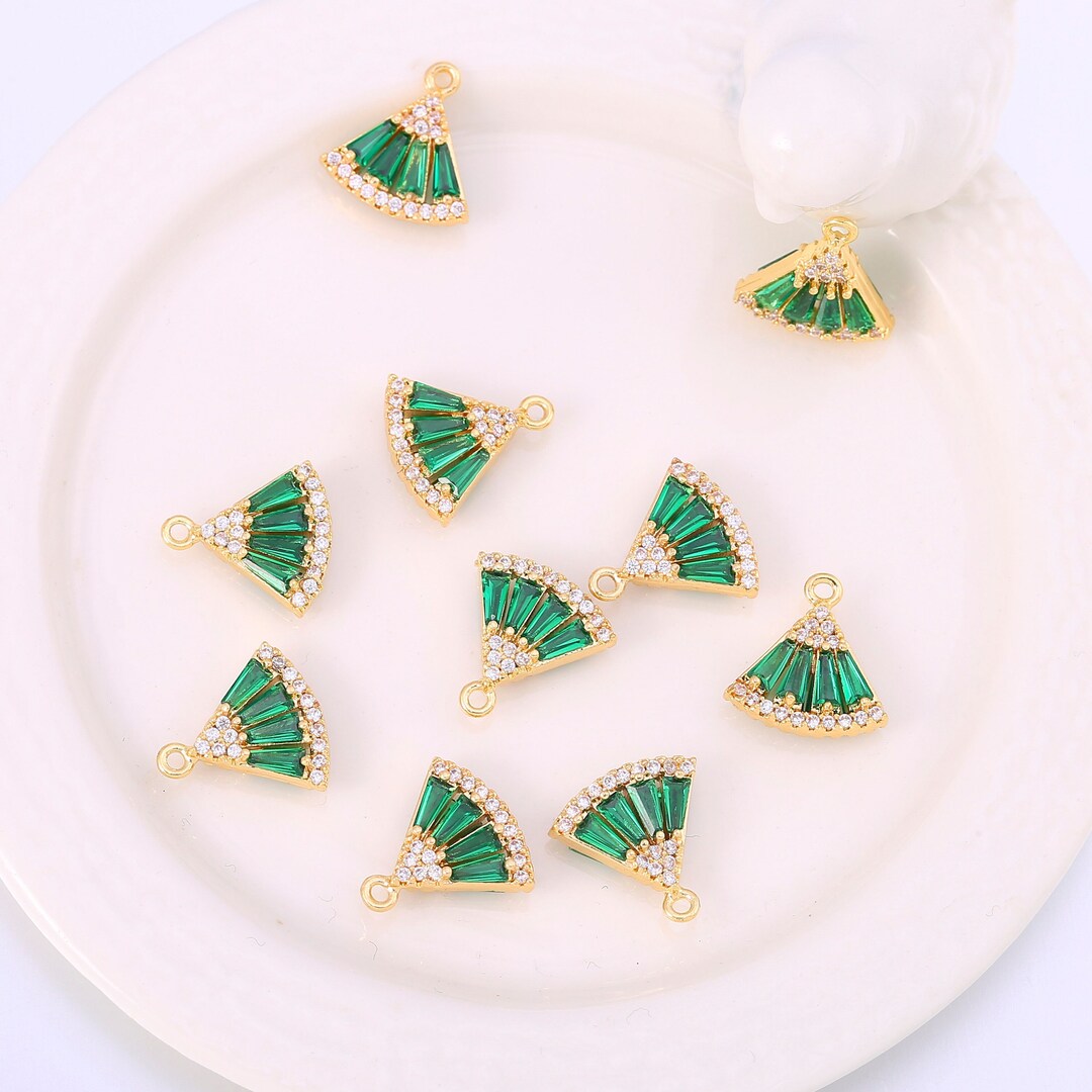 Dainty Green CZ Fan Charm, 18k Gold Plated 3D Fan Shape Pendant, 11mm ...