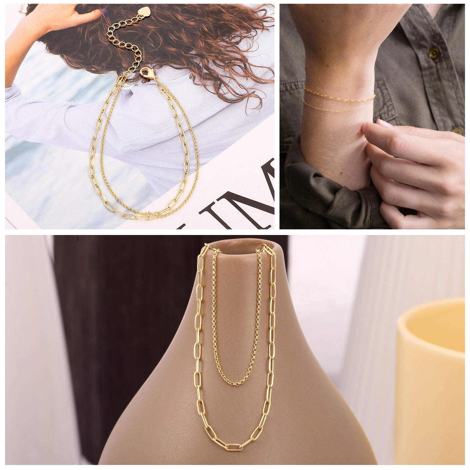 Gold Chain Braceletdouble Chain Braceletrectangle - Etsy