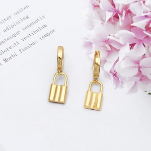 Dainty Gold Lock Earrings,padlock Hoop Earrings,18k Shiny Gold Huggie ...