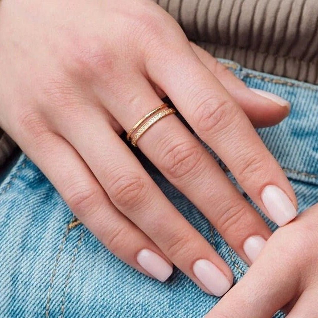 18K Gold CZ Fake Diamond Stackable Rings, Cute Thin Gold Engagement ...