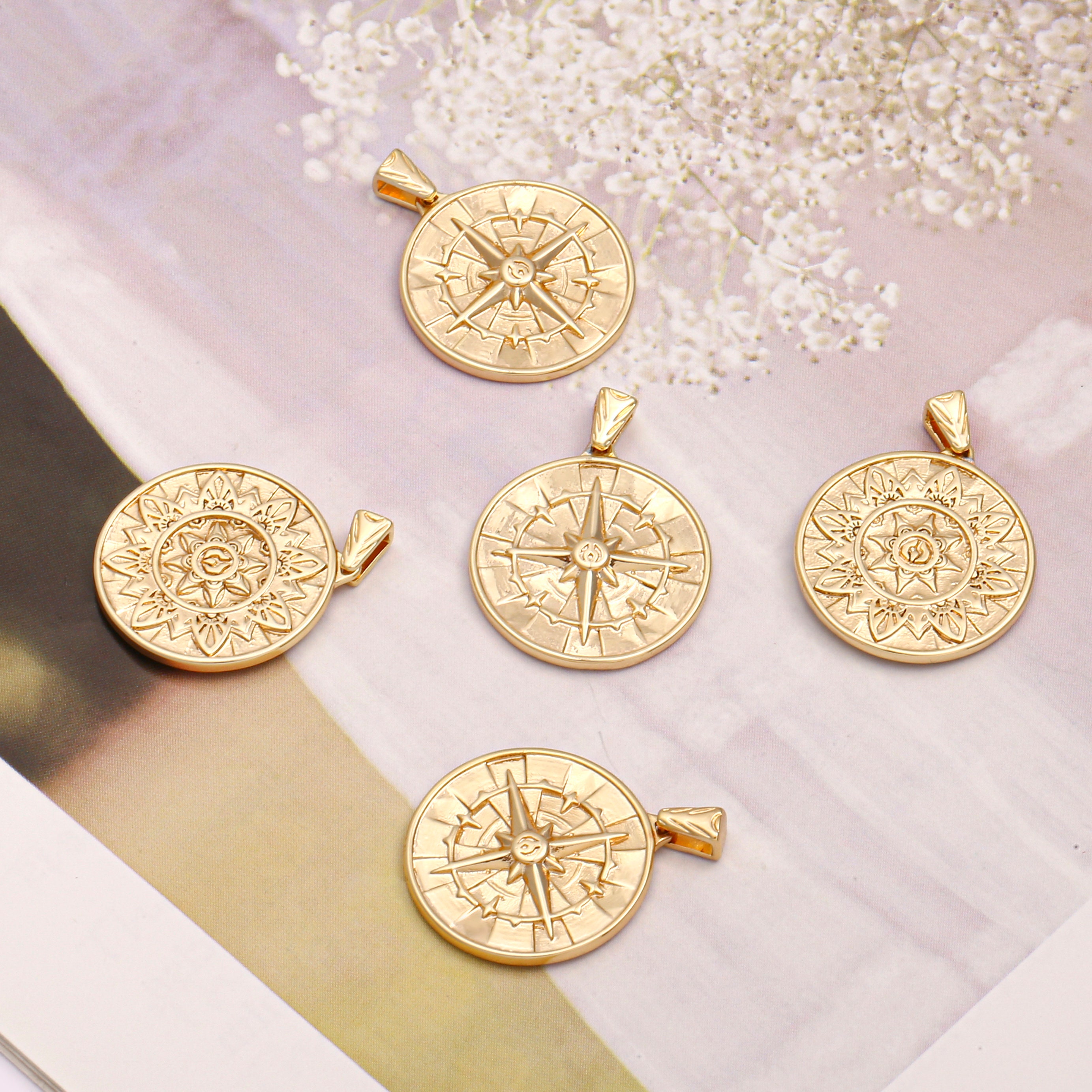 5Pcs Dainty Gold Compass Pendant 18k Gold Plated Disc Coin | Etsy