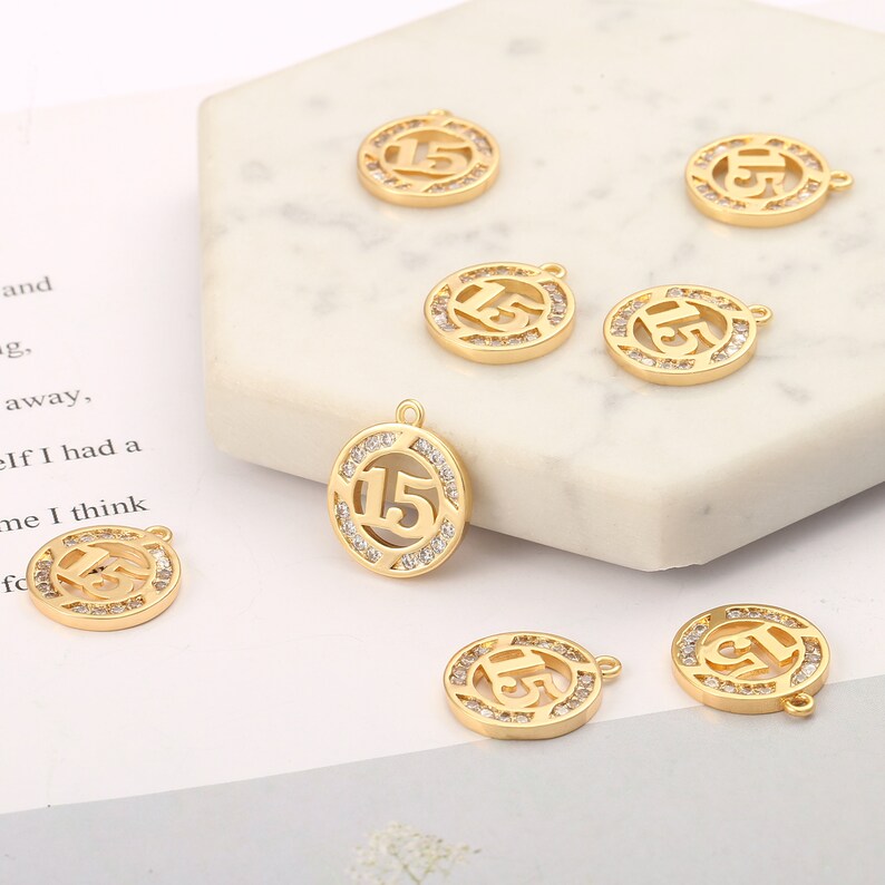 18k Shiny Gold Number Charms4pcs Cz 15 Number Charm - Etsy