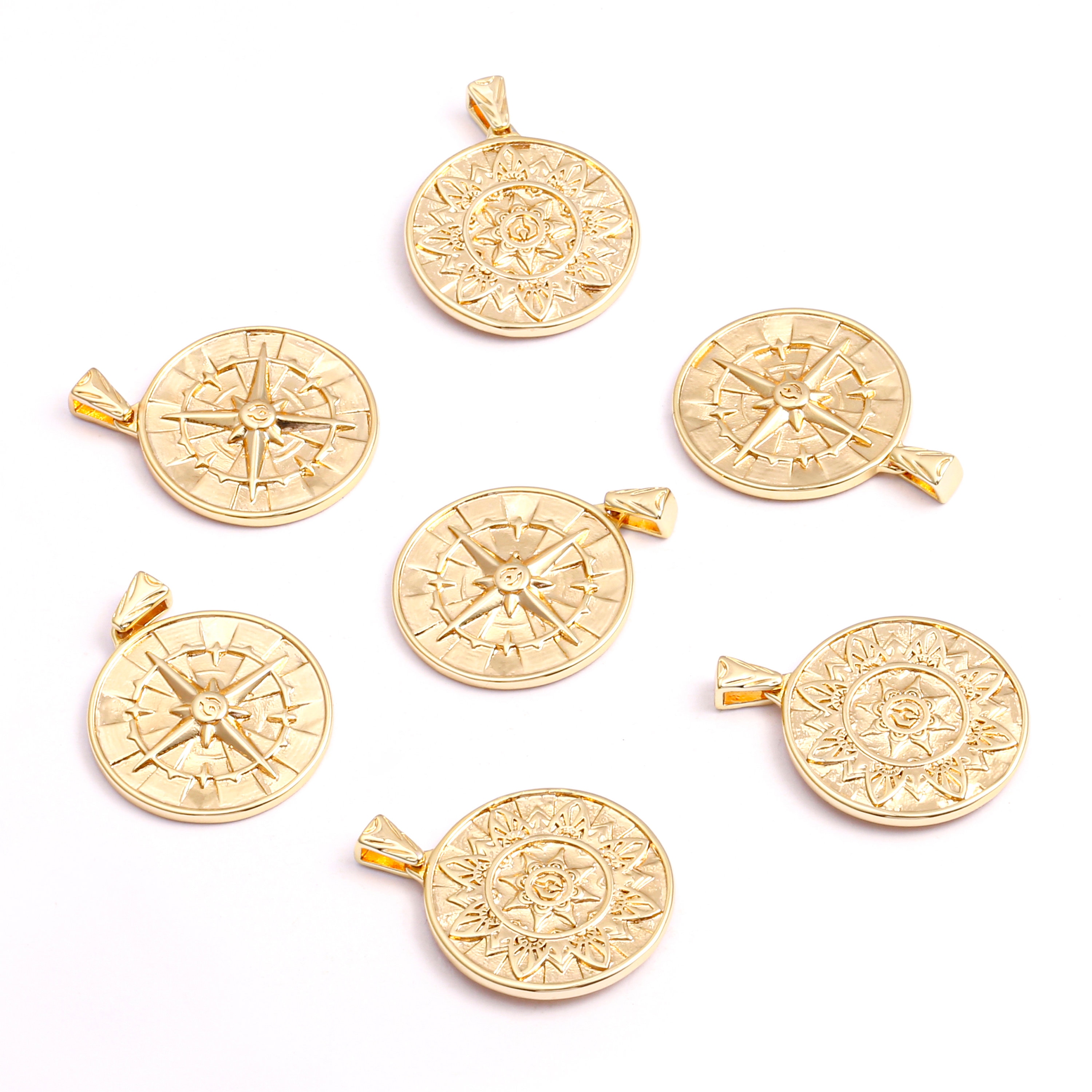 5Pcs Dainty Gold Compass Pendant 18k Gold Plated Disc Coin | Etsy