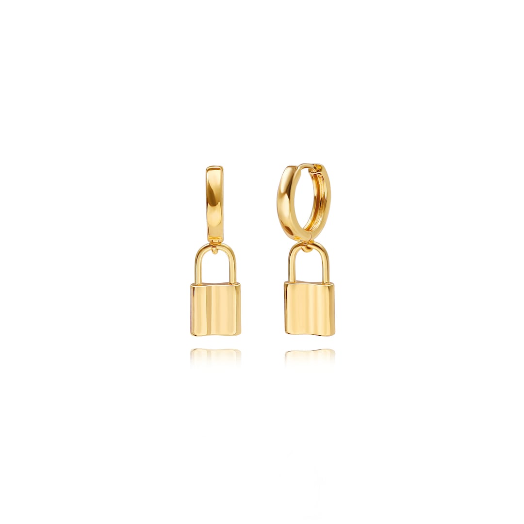 Dainty Gold Lock Earrings,padlock Hoop Earrings,18k Shiny Gold Huggie ...