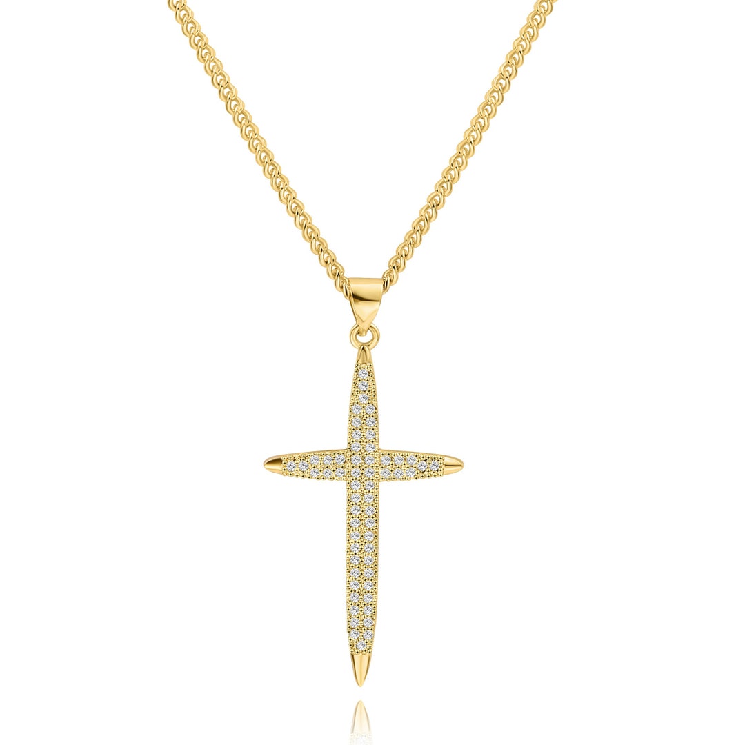 18K Shiny Gold Cross Necklace, Classic Cross Pendant Necklace, CZ Pave ...