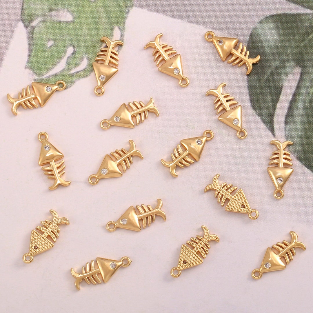 18k Gold Plated Fish Bone Charm, 6pcs Small Fish Bone Pendant, 12x6mm ...