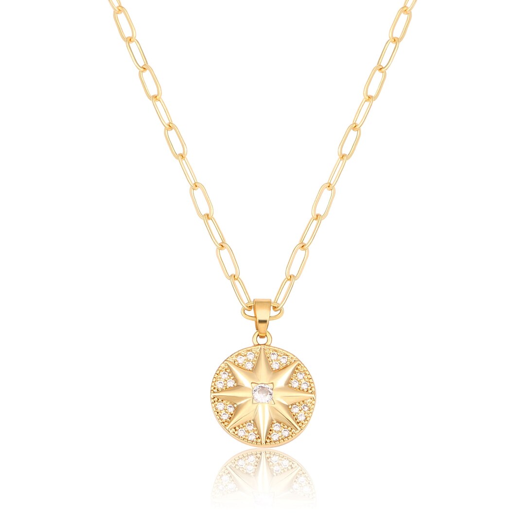 Gold Coin Necklace,18k Shiny Gold Compass Necklace,north Star Pendant ...