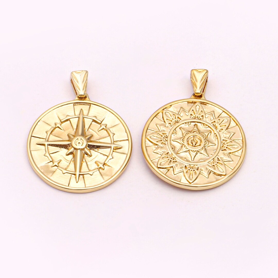 5pcs Dainty Gold Compass Pendant, 18k Gold Plated Disc Coin Charm ...