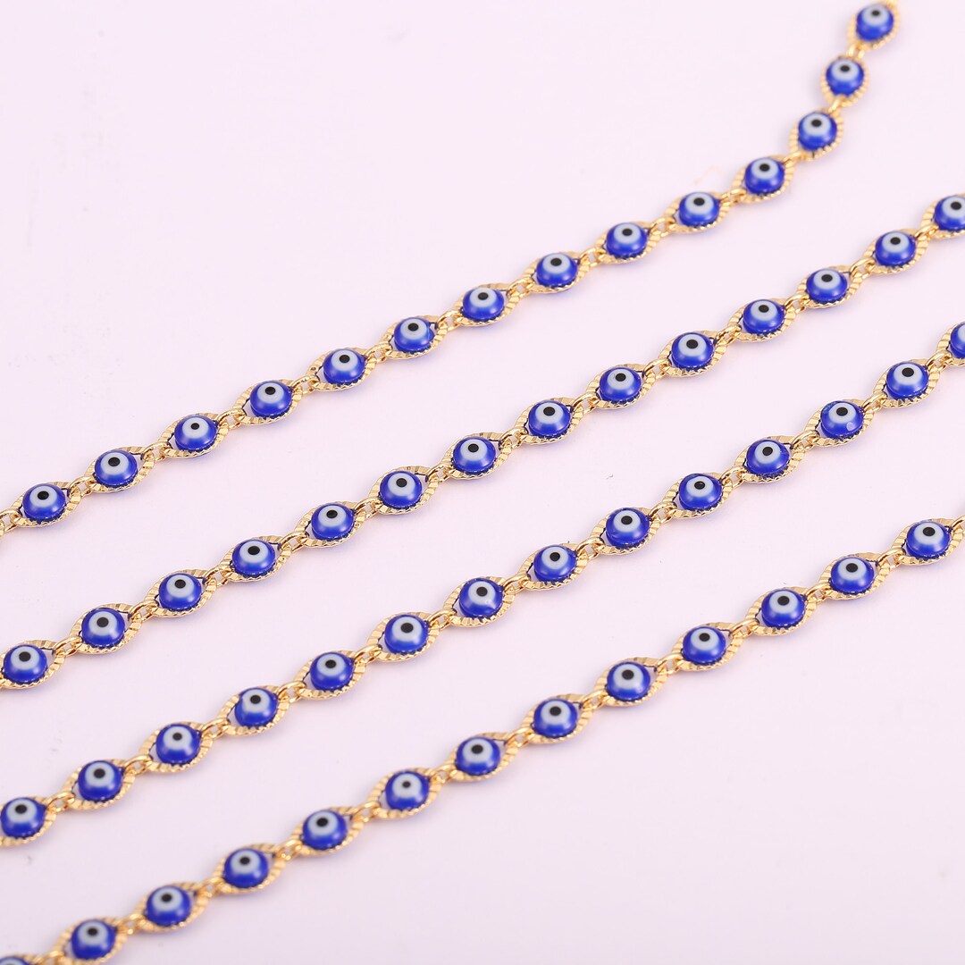 5x7mm Bule Evil Eye Chain, 18k Gold Link Chain Bulk, 3.2 FT1M Horse Eye ...
