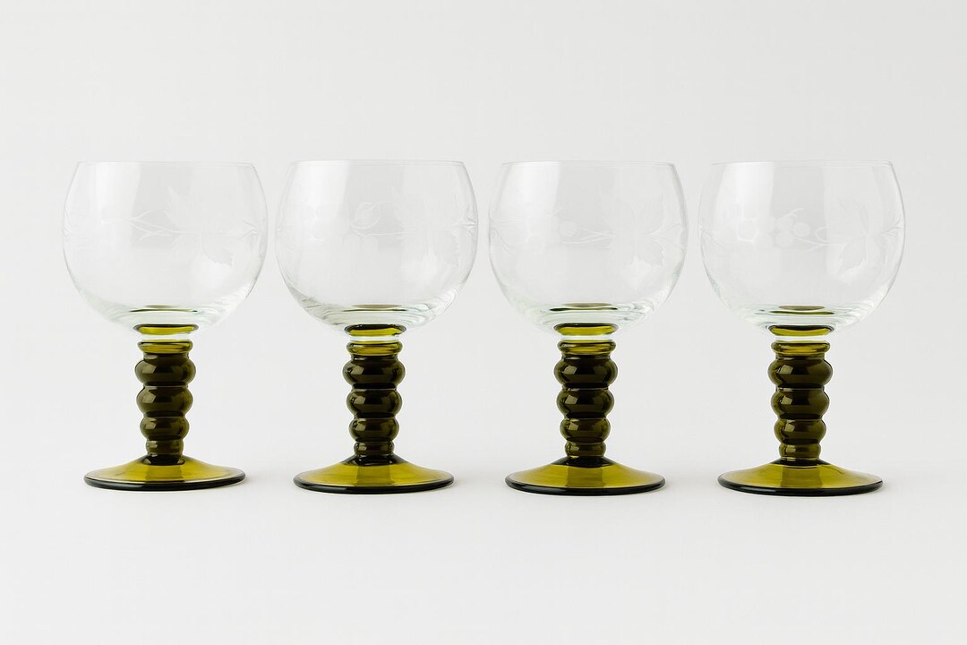 Mid-century Etched Wine Glasses With Green Knopped Stems – Set of 4 ...