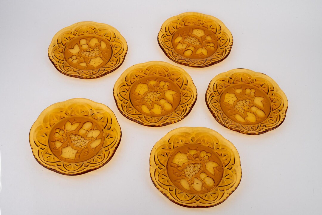 Vintage Amber Glass Dessert Plates – Set of 6 Pressed Glass Fruit Motif ...