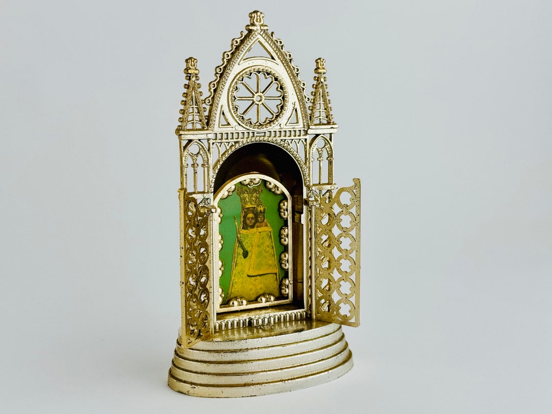 Vintage Plastic Altar, Filigree Silver Shrine, Mary & Jesus Photo, Made ...