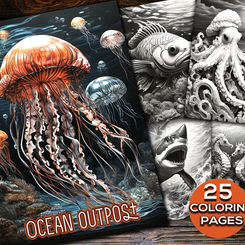 25 Ocean Animals Grayscale Coloring Pages for Adults,pdf File, Instant ...