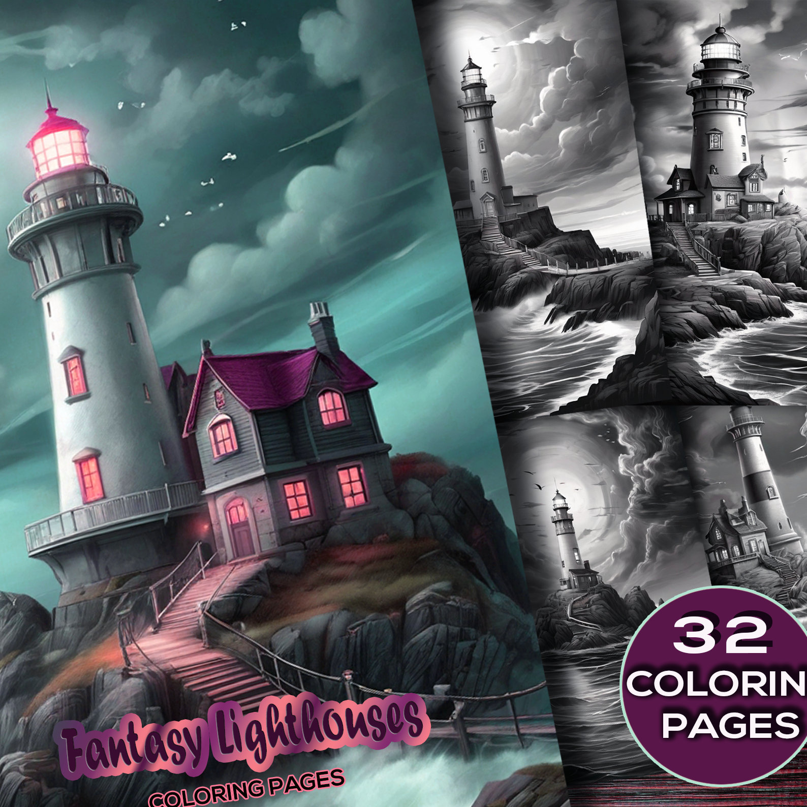 Lighthouses Coloring Page , Fantasy Coloring Book, Adult Coloring Book ...