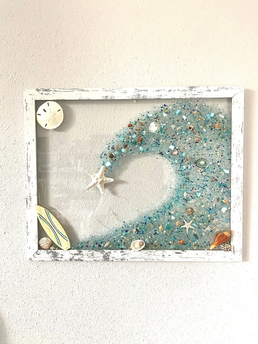 Sea Shell Resin Art, Wave, Beach Art, Surfboard, Flipflops, Surfer Wave ...