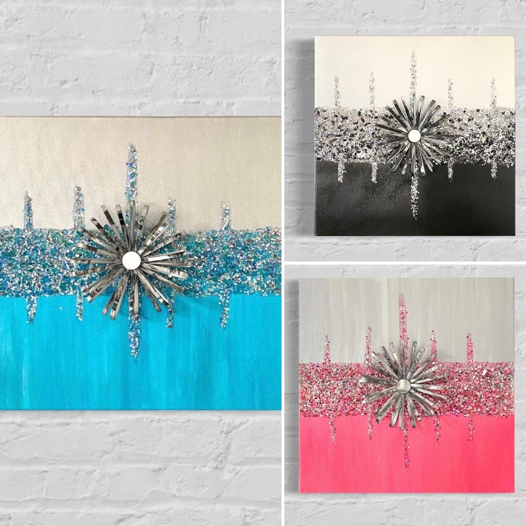 Glitter Glam Crushed Glass Painting: Metal Flower Bling Wall Decor - Etsy