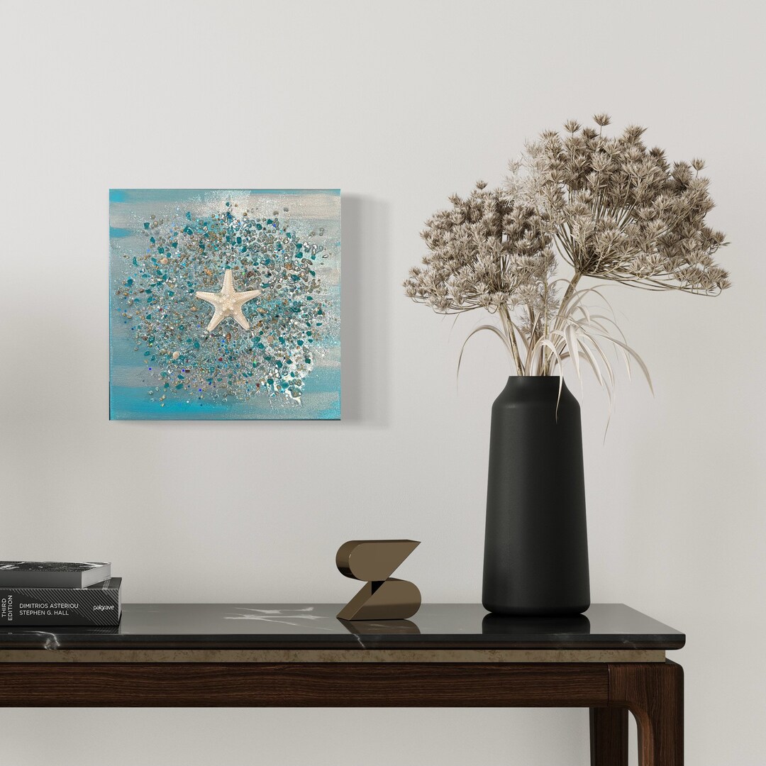 Sea Shell Canvas Resin Art, Beach Decor, Star Fish, Sand Dollar, Beach ...