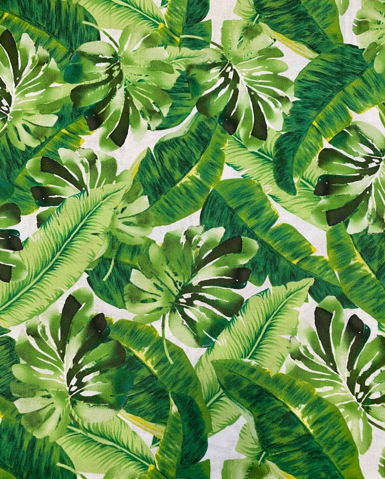 Tropical Green Leaves Cotton Fabric, Leaves Fabric, Green Cotton ...