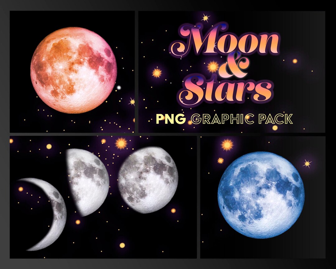 Full Moon, Moon Phases and Stars in Cosmic Colours || Graphics PNG ...