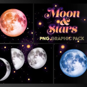 Full Moon, Moon Phases and Stars in Cosmic Colours || Graphics PNG ...
