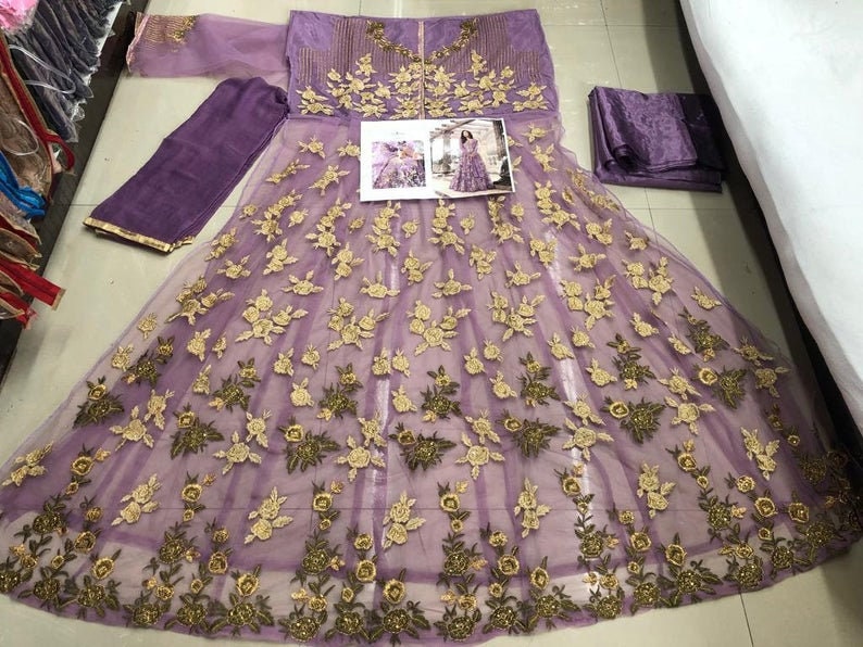 Purple Color Net With Embroidery and Stone Work Pakistani - Etsy