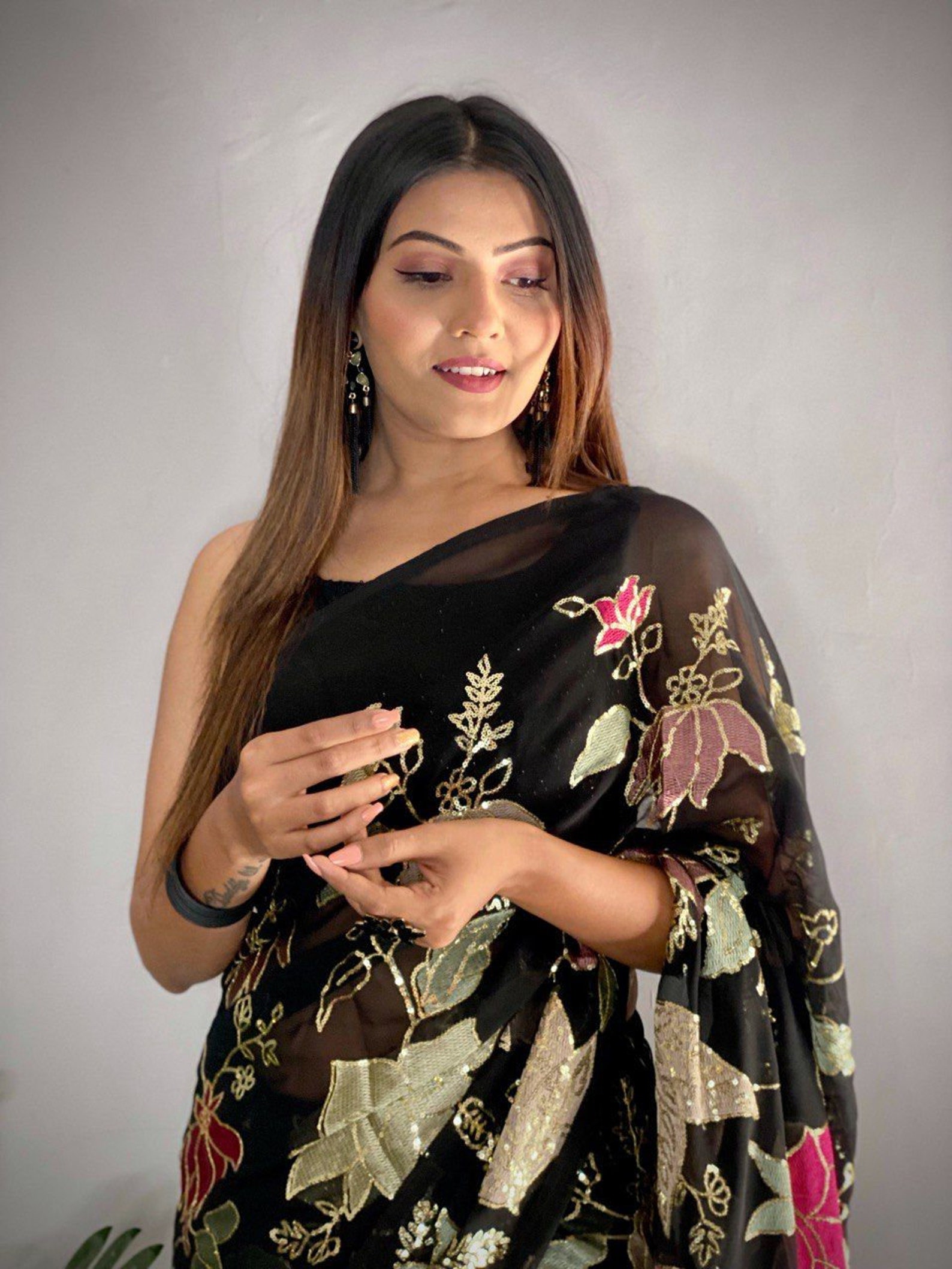 Black Colour Georgette With Thred and Sequence Work Designer - Etsy