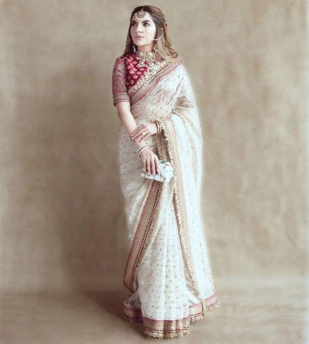 White Color Khadi Organza Silk With Embroidery Sequence Work Sari ...