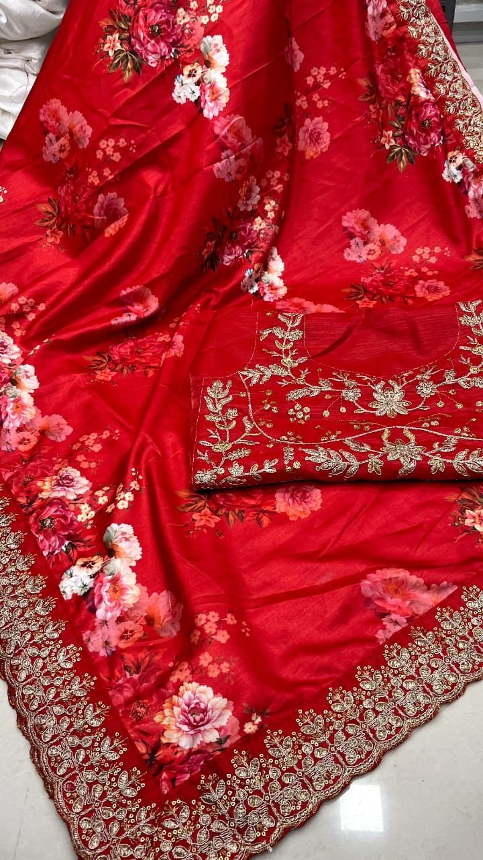 Red Colour Soft Silk Fabric on Beautiful Flowers Digital Print - Etsy