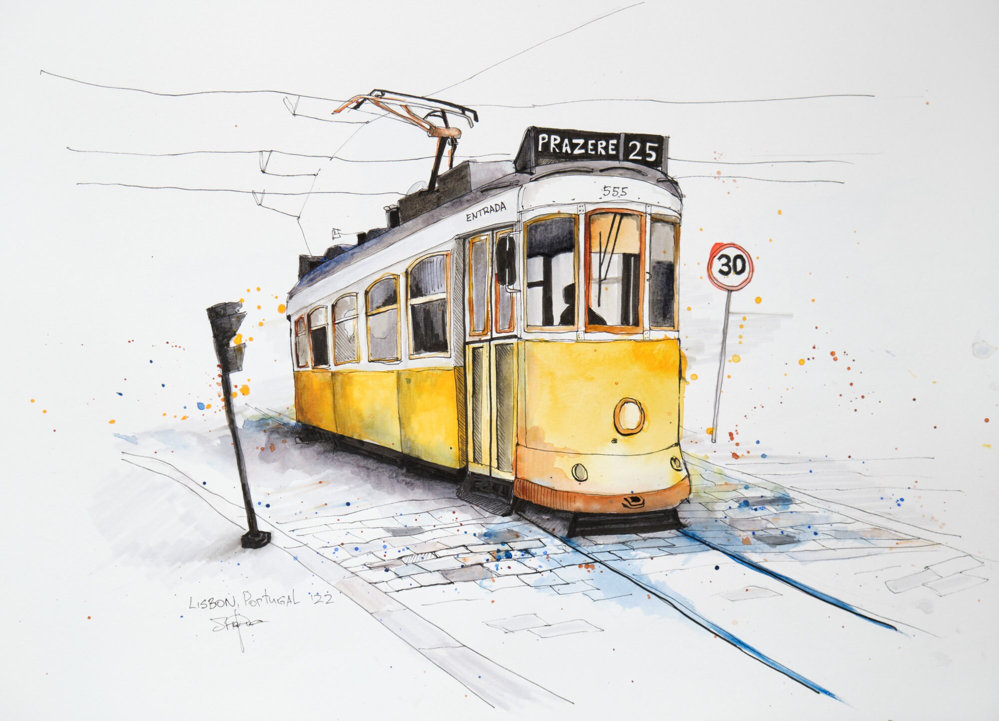 Watercolor Sketch Old Yellow Tram, Original Painting 30x40 Cm ...
