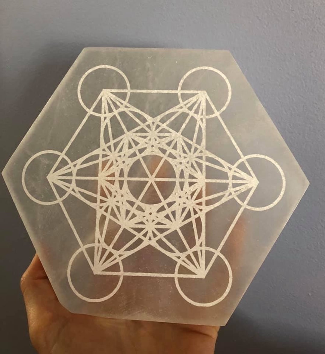 Metatrons Cube Sacred Geometry Etched 8" Selenite Hexagon Plate, Laser ...