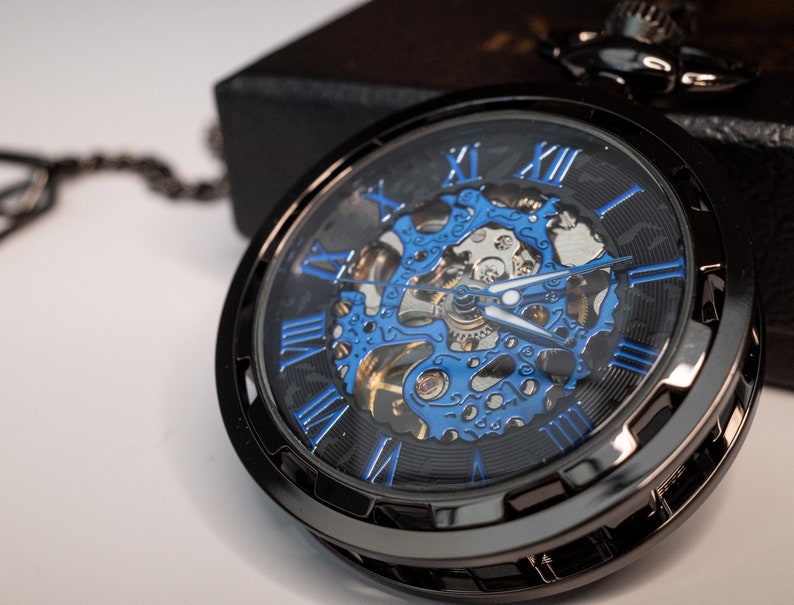 Skeleton Pocket Watch | Gunmetal Black / Mechanical / Blue Mechanism ...