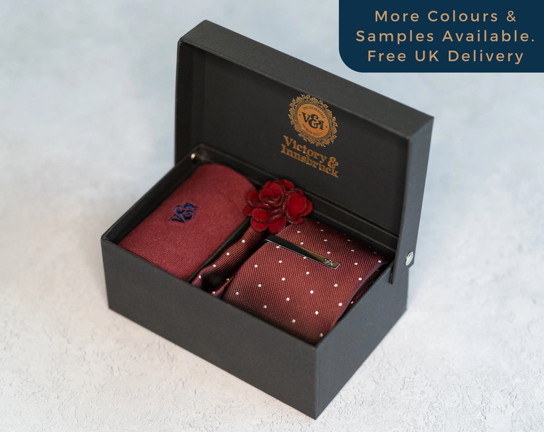 Burgundy Red Polka Dot Tie Set / Textured Tie, Pocket Square, Socks ...