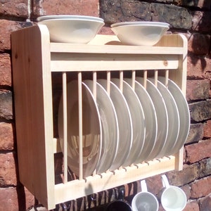Plate Rack Wooden With Shelve and Hooks for Hanging Cups Will Fit 11 ...