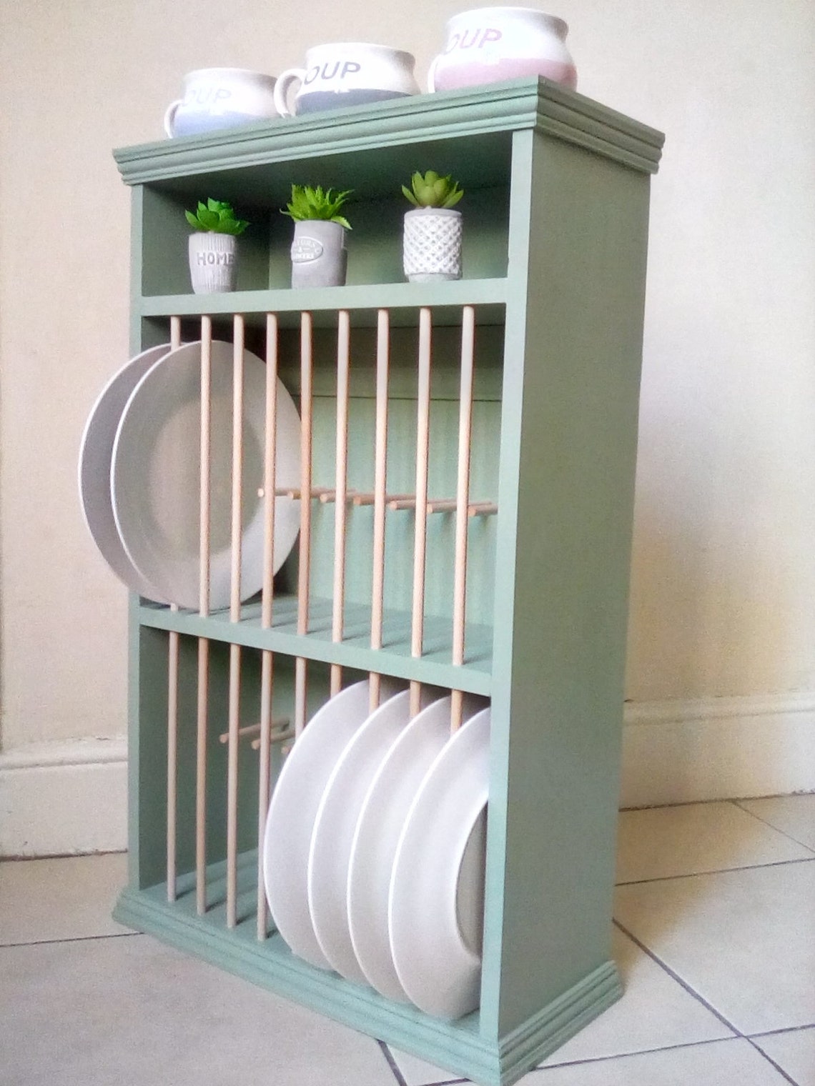 Plate Rack Wall Mounted or Counter Top Wooden Double Rack Will Fit 6 ...