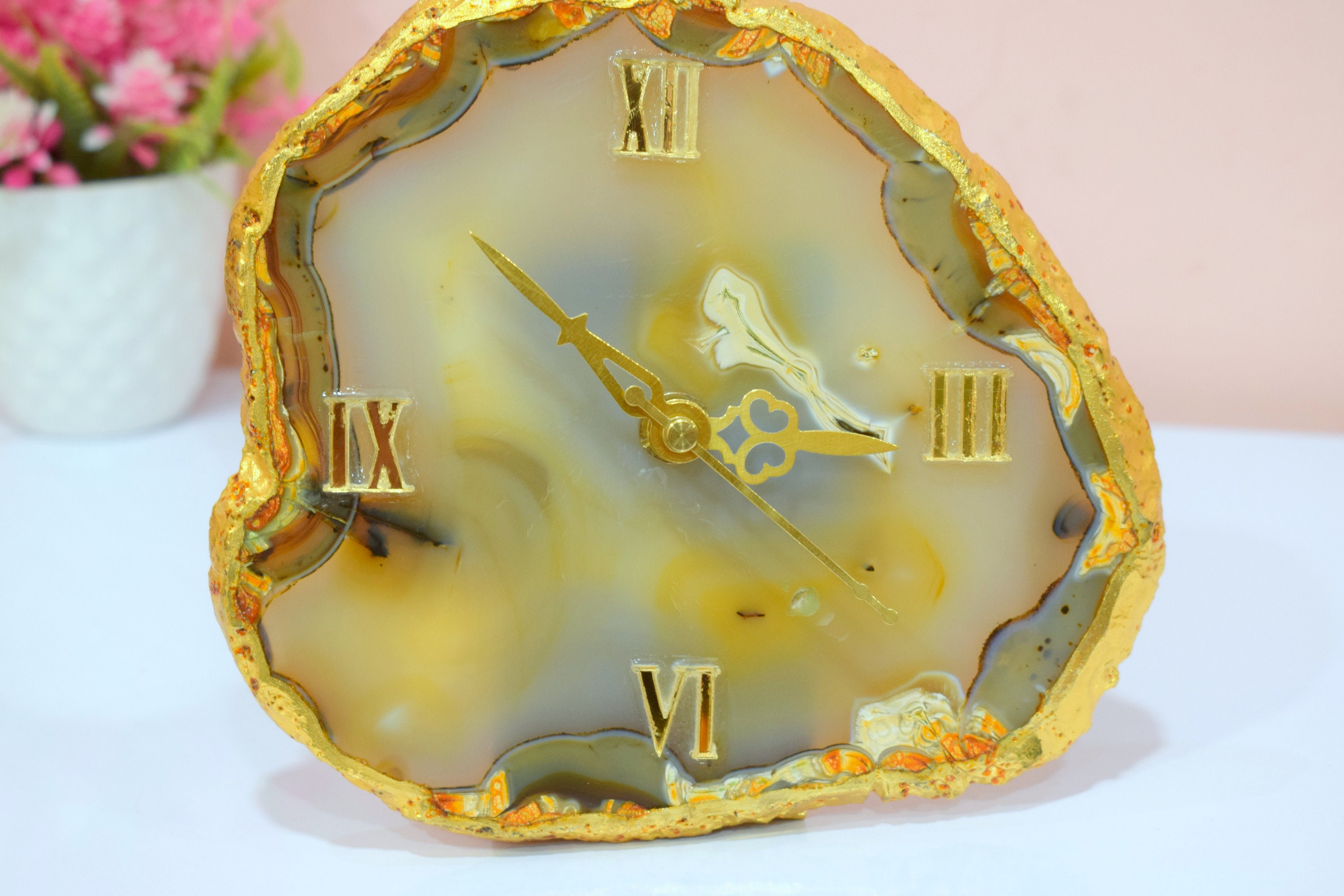Natural Handmade Agate Stone Desk Clock With Metal Stand - Etsy